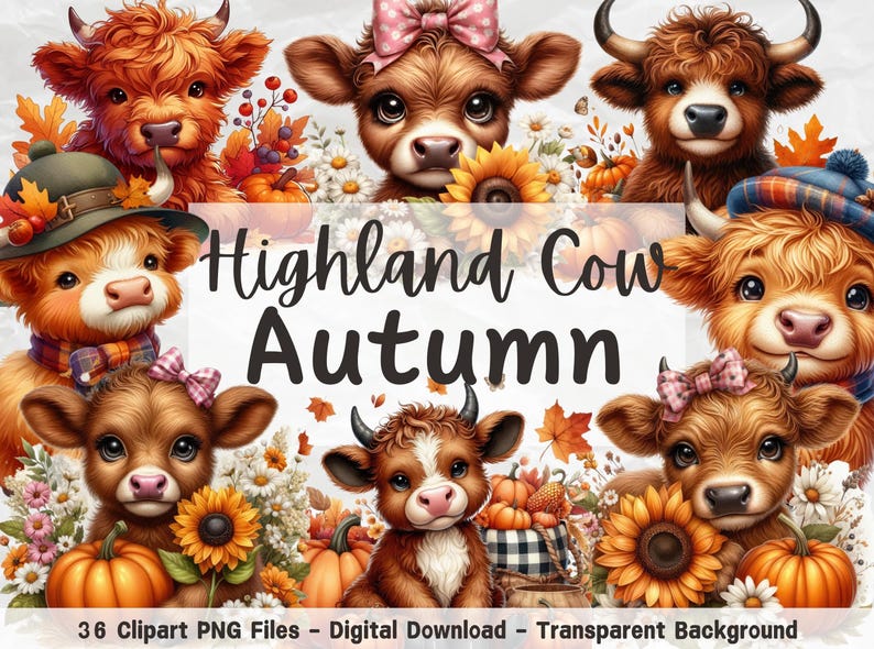 Watercolor Autumn Highland Cows Clipart, Cozy Fall Highland Cow PNG ...