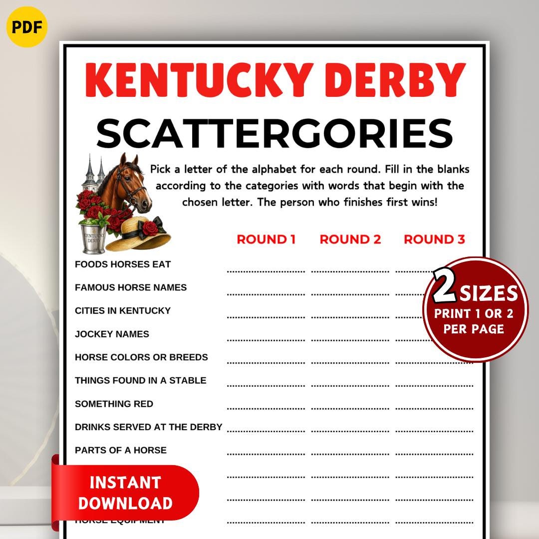 Kentucky Derby Scattergories Game, Kentucky Derby Party Game, Category ...