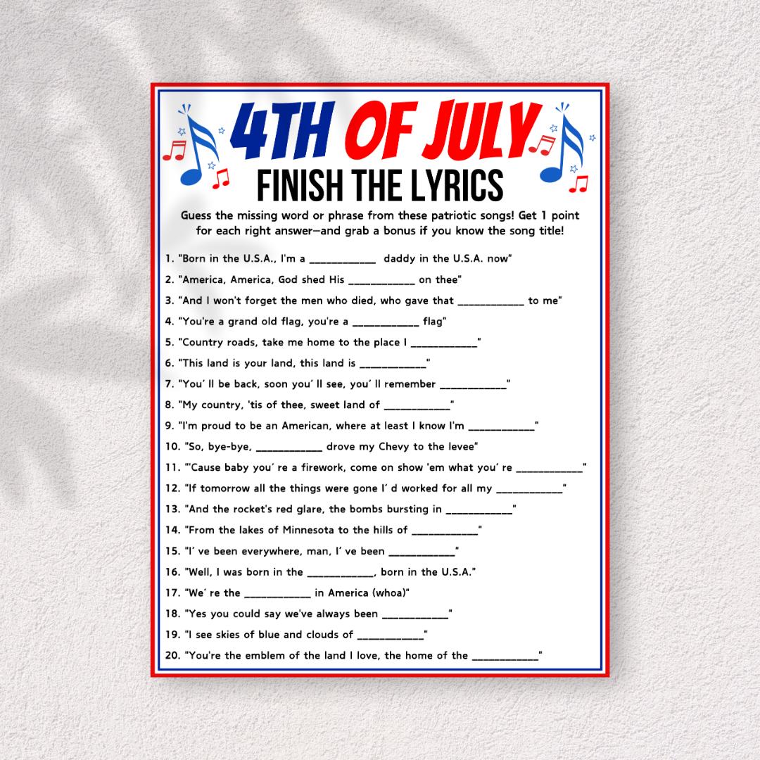 4th of July Finish the Lyrics Game, Printable 4th of July Party Games ...
