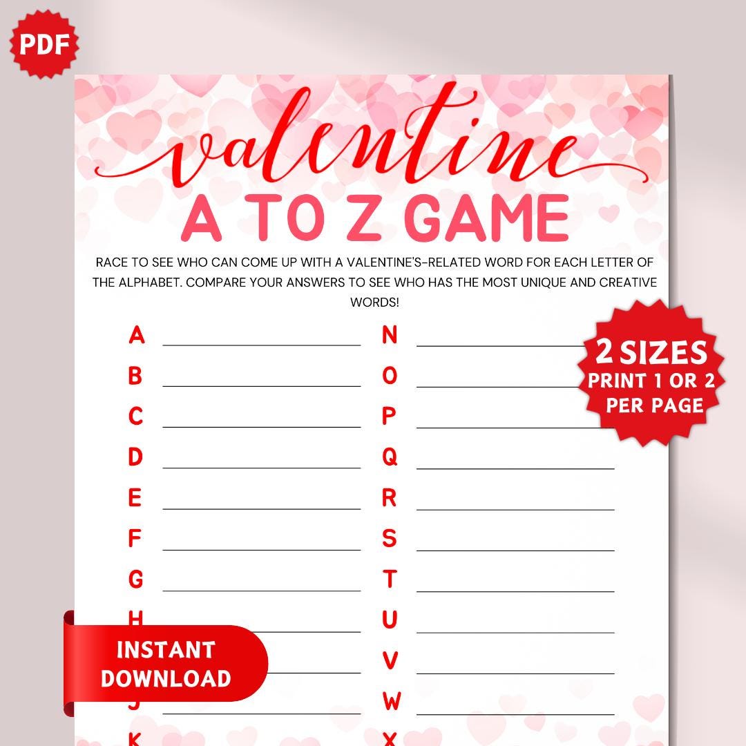 Printable Valentine's Day A to Z Game, A-Z Race Game, Valentines Party ...