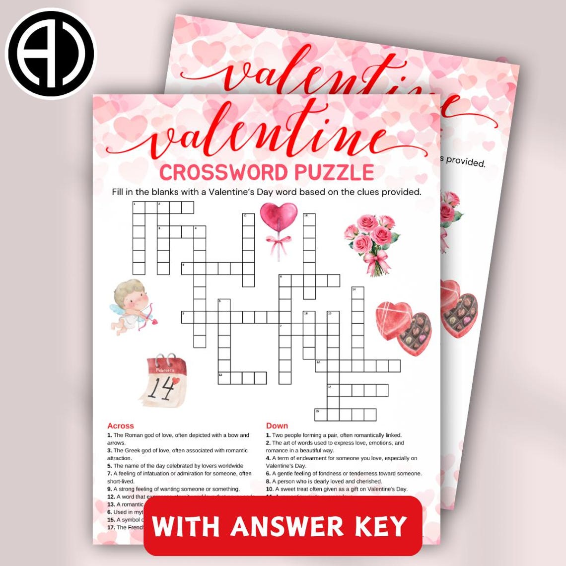 Printable Valentines Day Crossword Puzzle, Valentine Party Game for ...