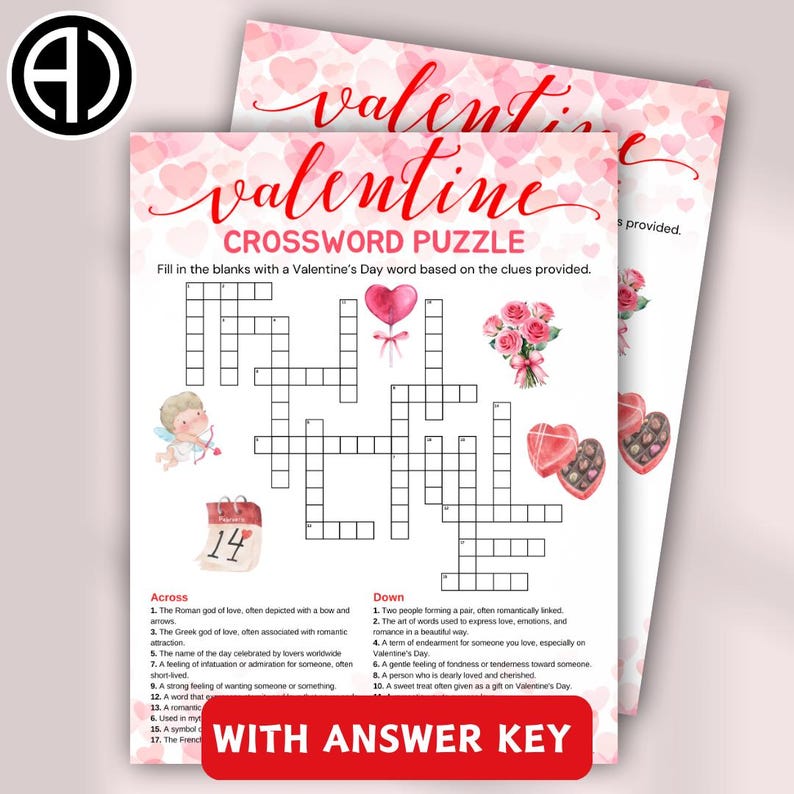 Printable Valentines Day Crossword Puzzle, Valentine Party Game for ...