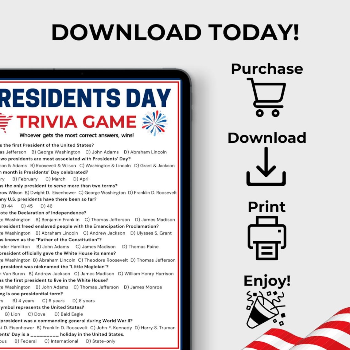 Presidents' Day Trivia Game, Printable Patriotic Trivia Quiz, Fun ...