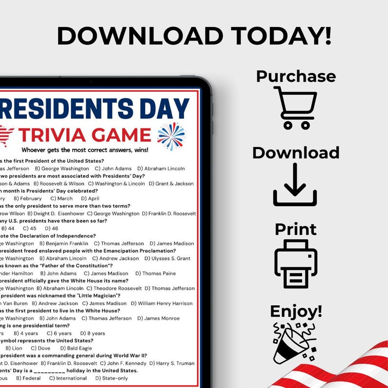 Presidents' Day Trivia Game, Printable Patriotic Trivia Quiz, Fun ...