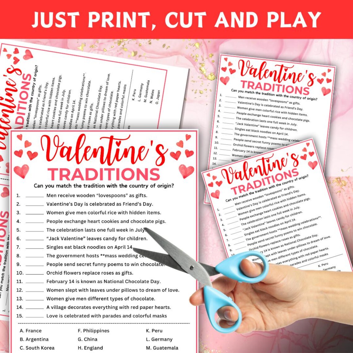 Valentine's Day Traditions Around the World Game, Valentine's Trivia ...