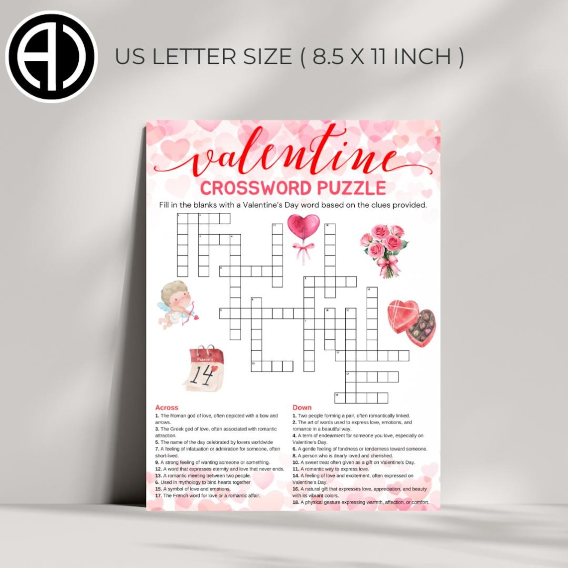 Printable Valentines Day Crossword Puzzle, Valentine Party Game for ...