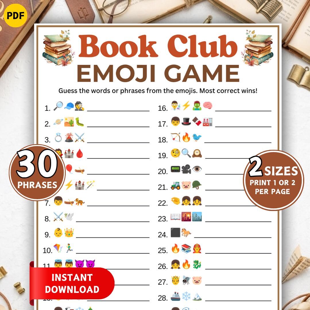 Book Club Emoji Pictionary Game, Emoji Guessing Game, Book Club Game ...