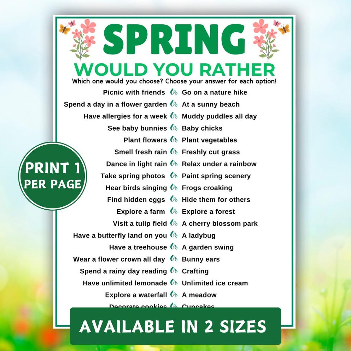 Spring Would You Rather Game, Printable Spring Game for Kids & Adults ...