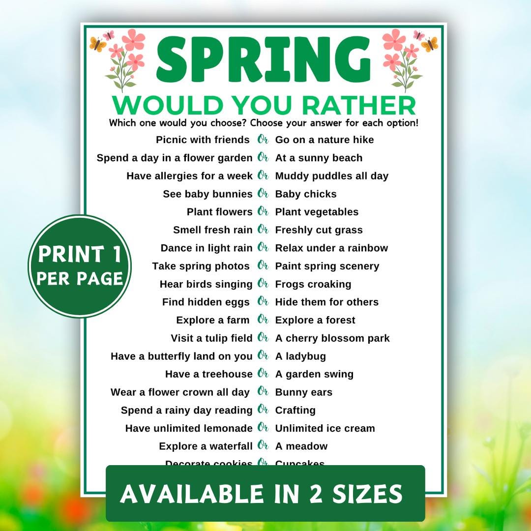 Spring Would You Rather Game, Printable Spring Game for Kids & Adults ...