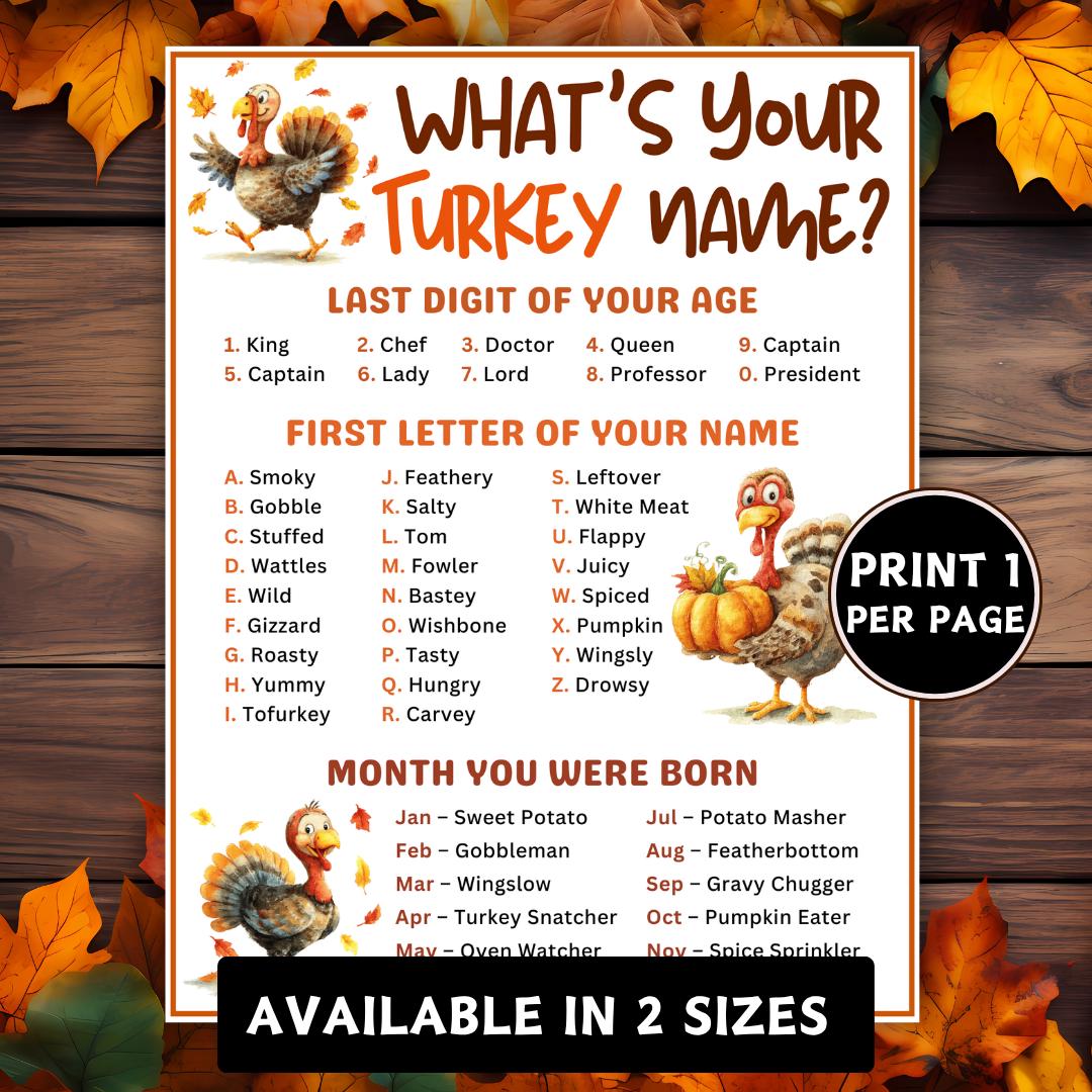 What's Your Turkey Name Game With Nametags, Printable Thanksgiving Game ...