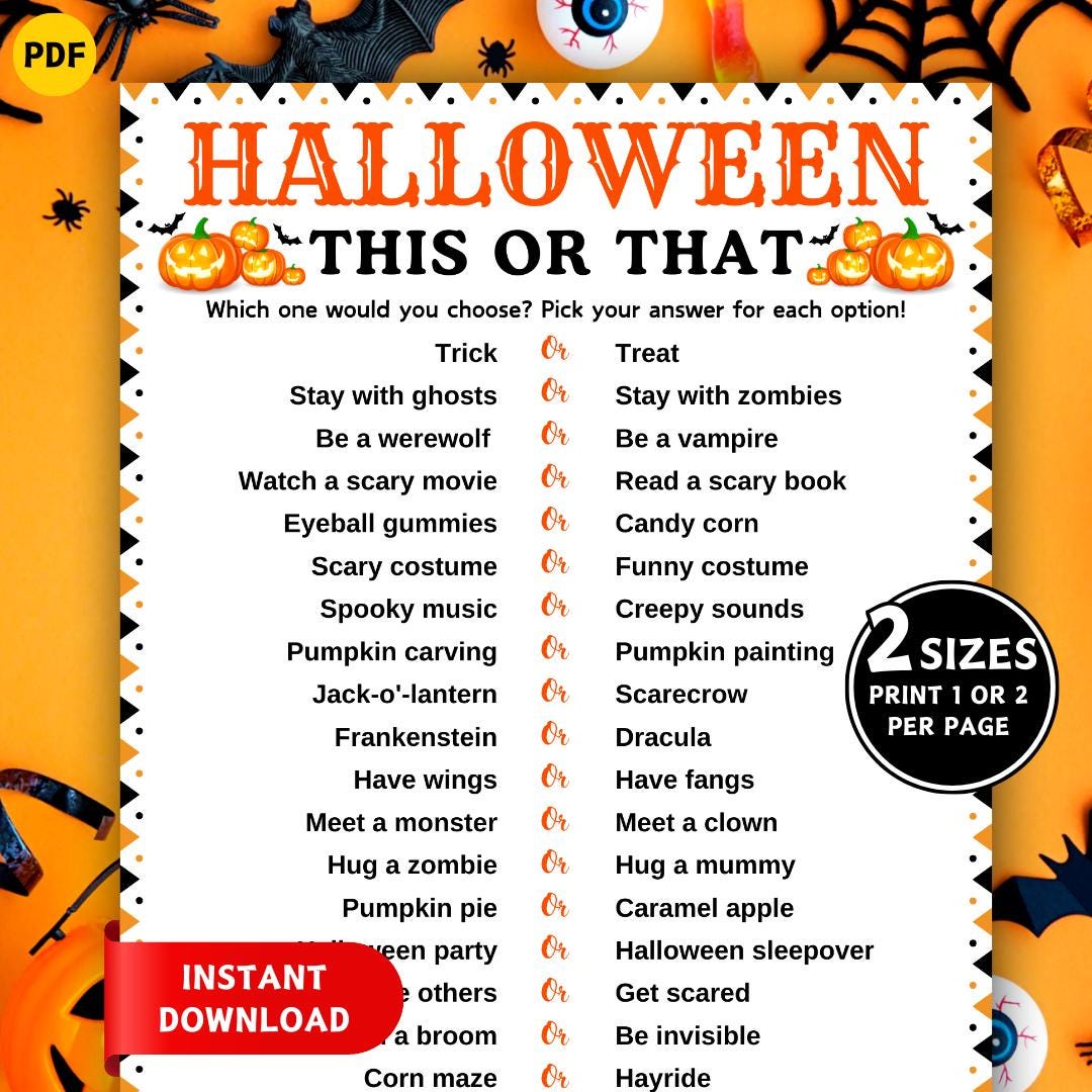 Halloween This or That Game, Would You Rather, Printable Halloween ...