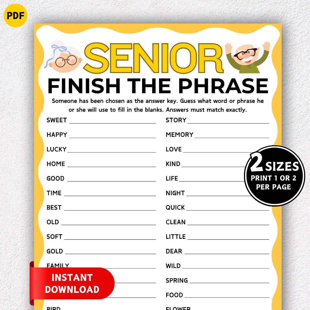Senior Finish the Phrase Game, Games for Senior Citizens, Seniors ...