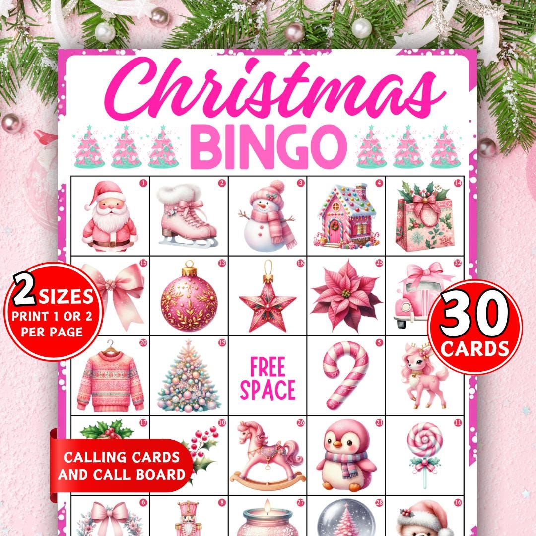 Pink Christmas Bingo, 30 Christmas Bingo Cards, Printable Christmas ...