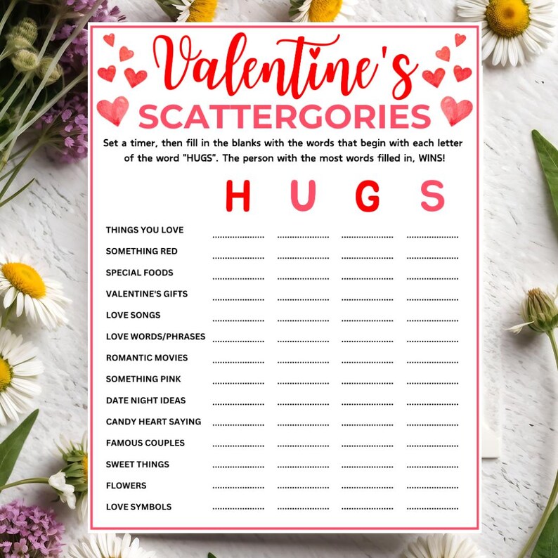 Valentine's Day Scattergories Game, Printable Valentine's Game, Group ...