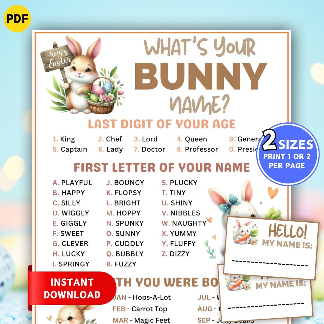 What's Your Bunny Name Game With Nametags, Printable Easter Party Game ...