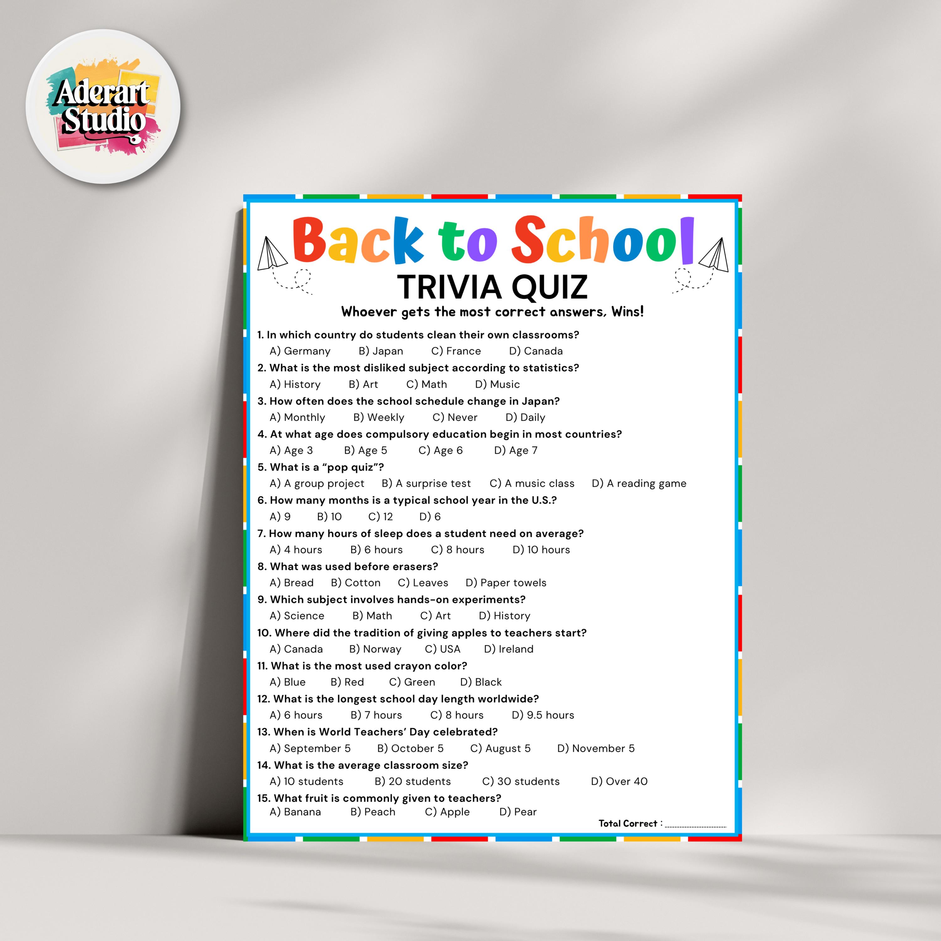 Back to School Trivia Game, Printable Trivia Game, First Day of School ...