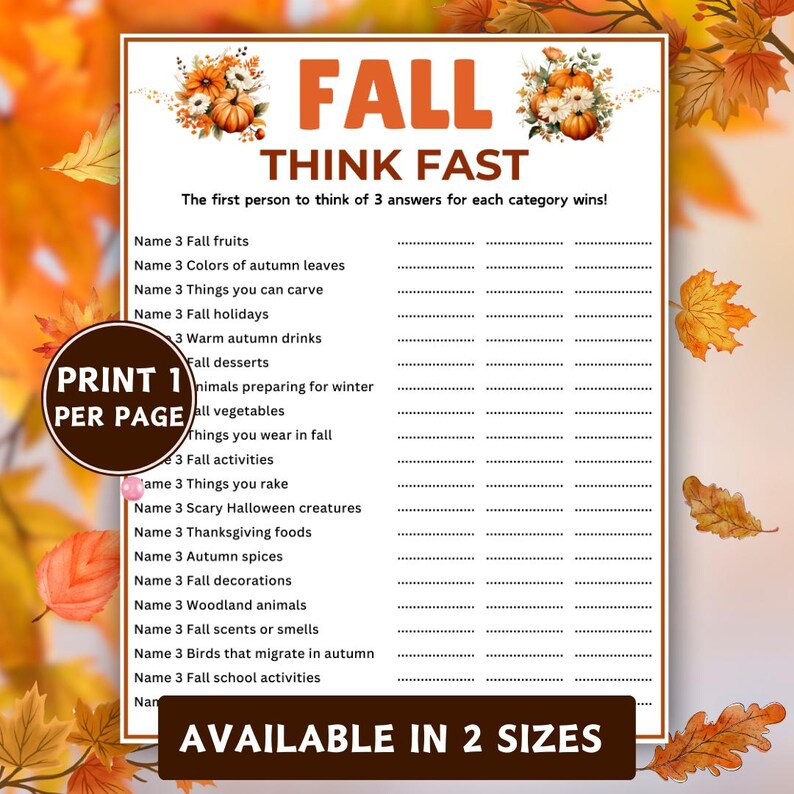 Fall Think Fast Game! Printable Fall Games, Think Quick Trivia Game ...