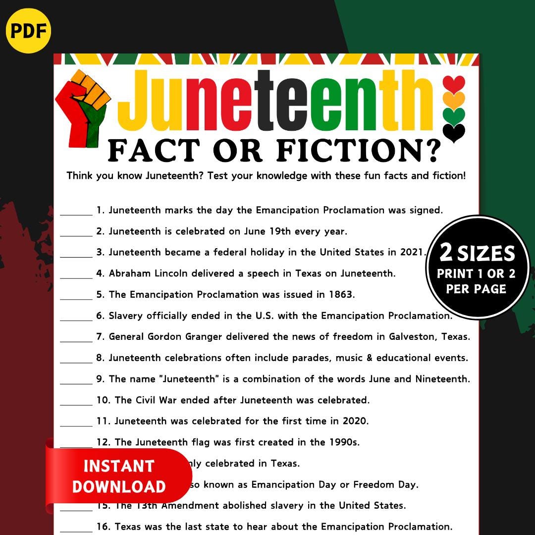 Juneteenth Fact or Fiction Game, True or False Quiz, Juneteenth Trivia ...