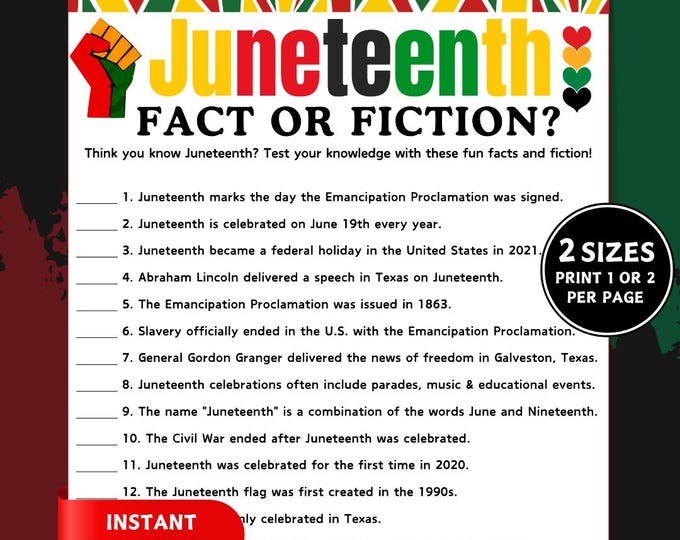 Juneteenth Fact or Fiction Game, True or False Quiz, Juneteenth Trivia ...