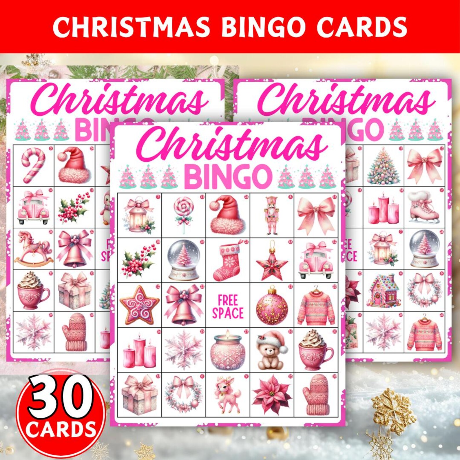Pink Christmas Bingo, 30 Christmas Bingo Cards, Printable Christmas ...