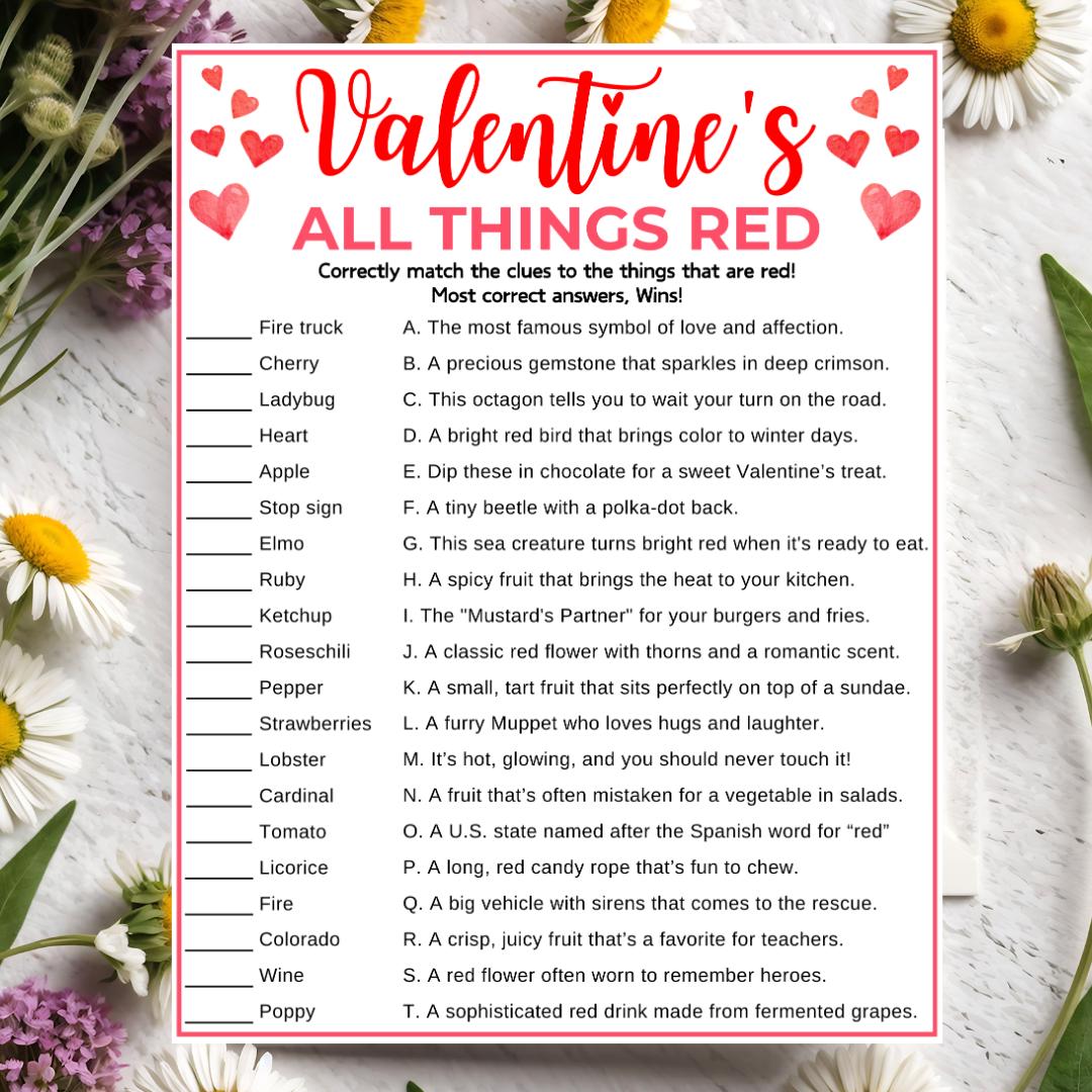 Valentines Day All Things Red Game, Printable Valentine Games, Fun ...