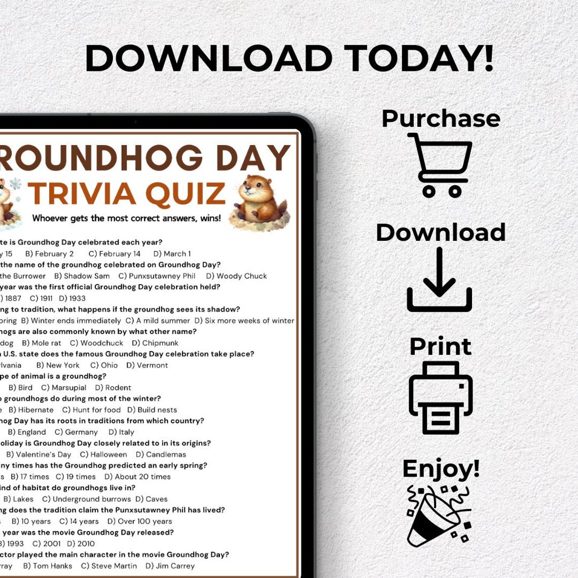Groundhog Day Trivia Game, Printable Groundhog Day Activity, Family ...