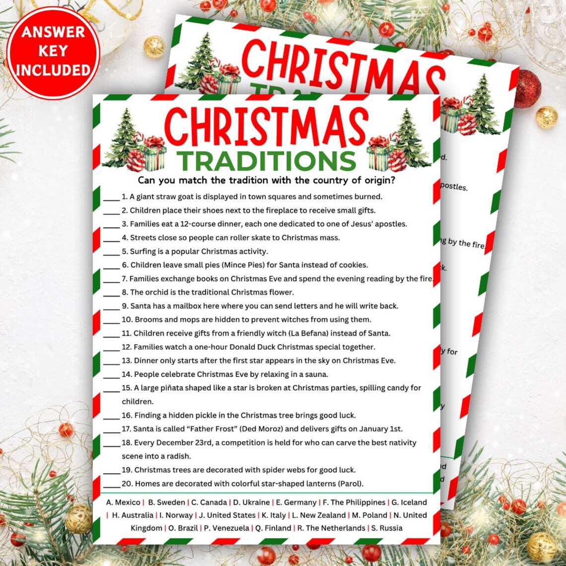 Christmas Traditions Around the World Game, Printable Christmas Game ...
