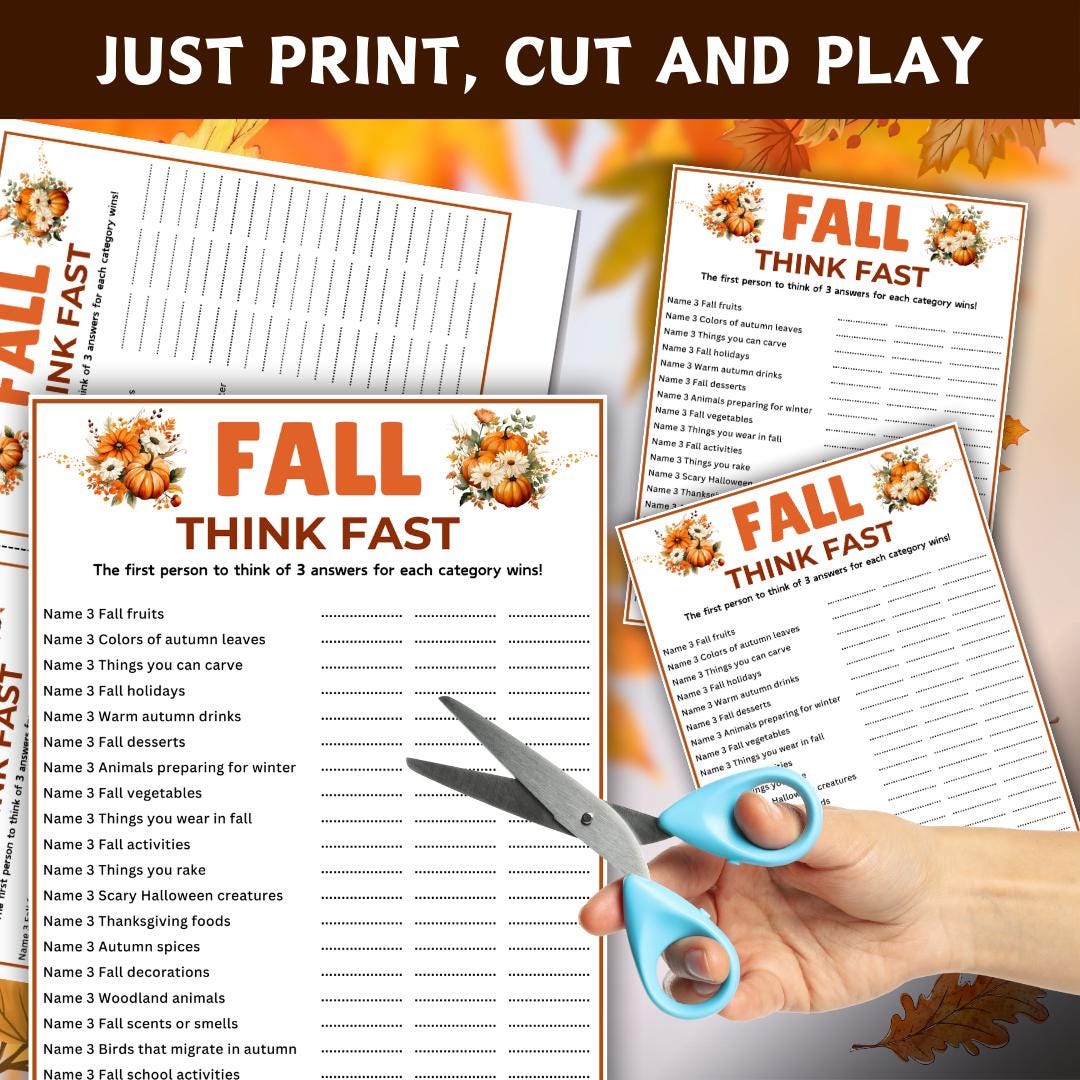 Fall Think Fast Game! Printable Fall Games, Think Quick Trivia Game ...