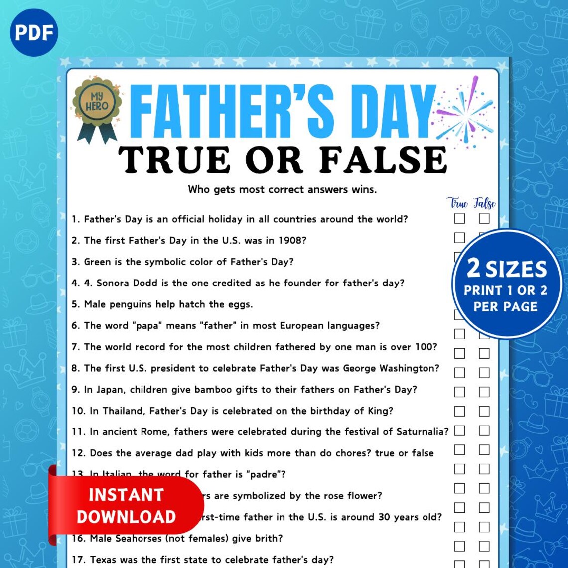 True or False Father's Day Game, Fathers Day Trivia Quiz, True or False ...