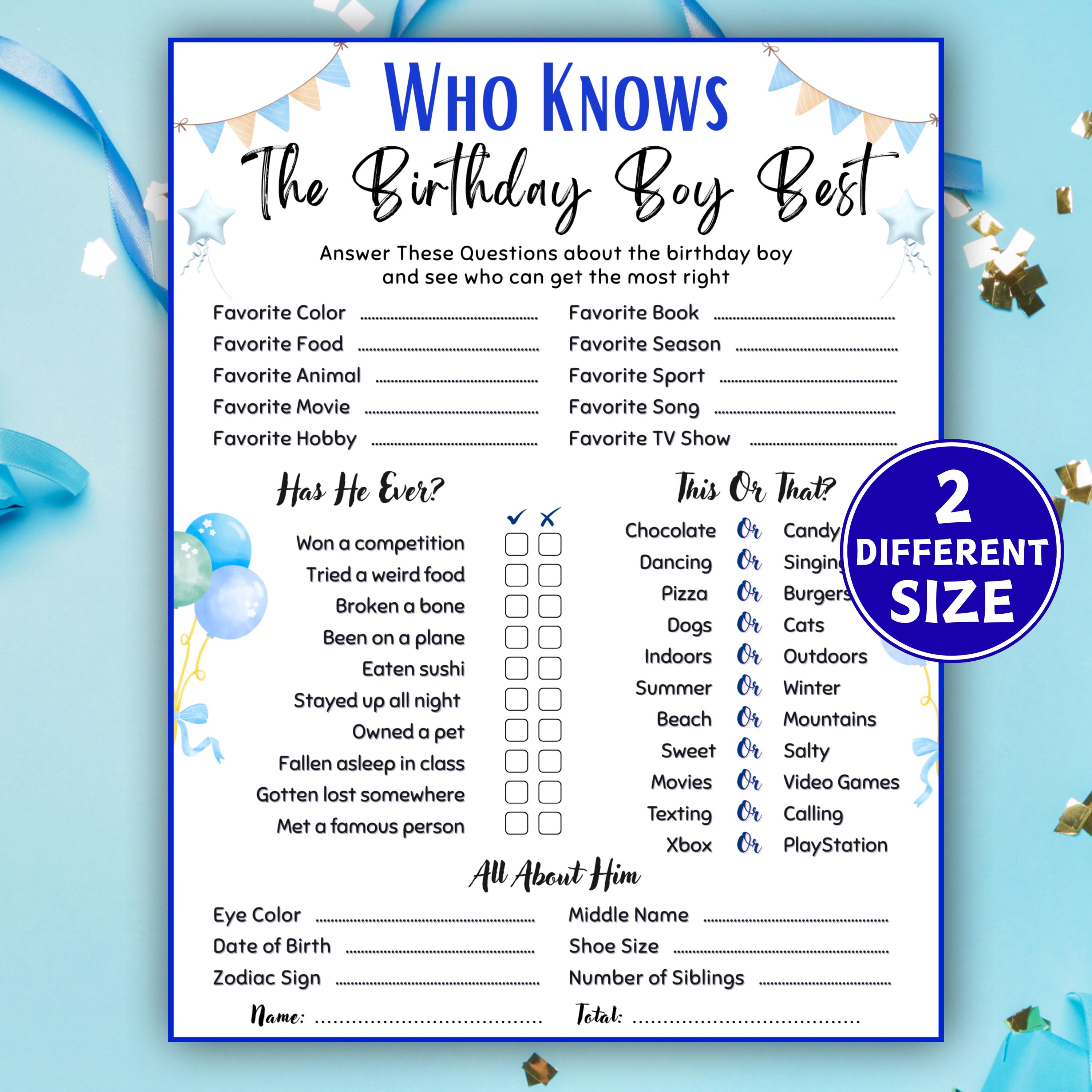 Who Knows the Birthday Boy Best, Printable Birthday Party Game ...