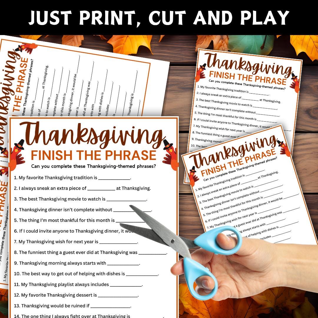 Thanksgiving Finish the Phrase Game, Printable Thanksgiving Game ...