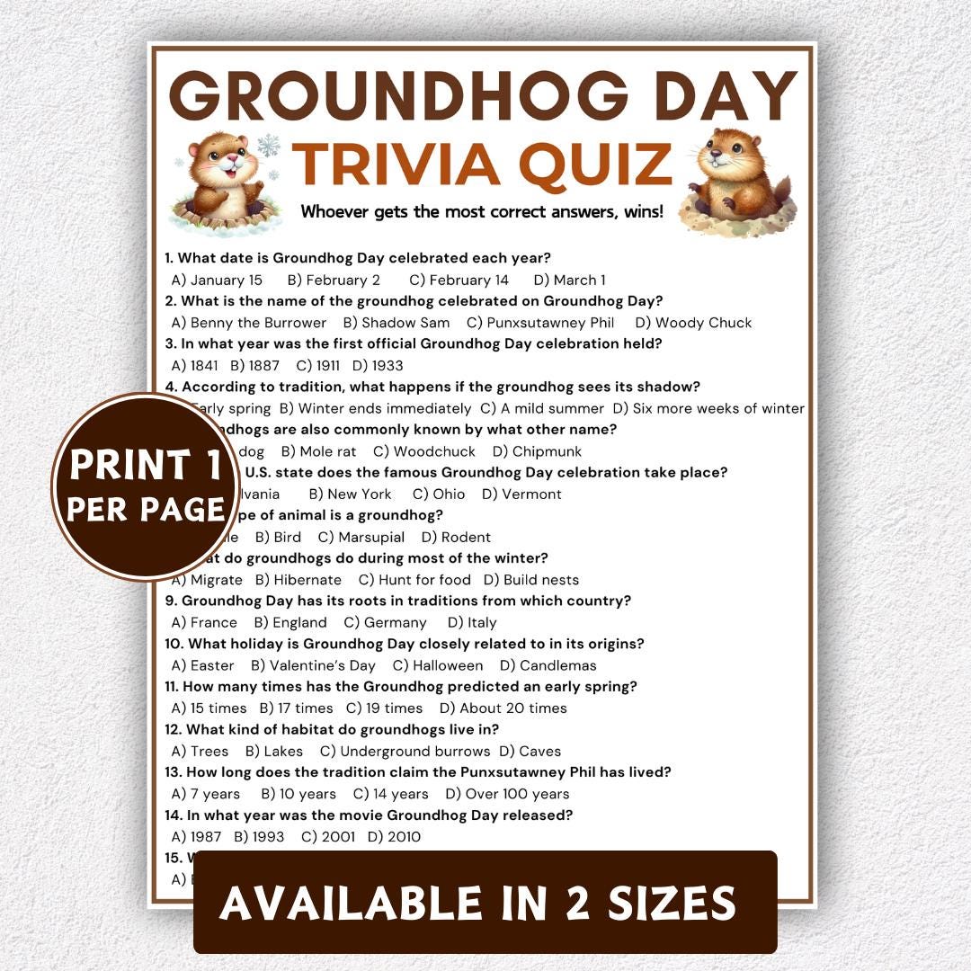 Groundhog Day Trivia Game, Printable Groundhog Day Activity, Family ...