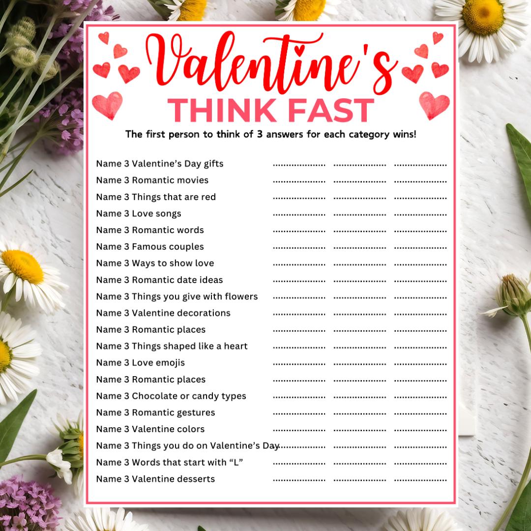 Valentine's Day Think Fast Game! Printable Valentines Games, Valentines ...