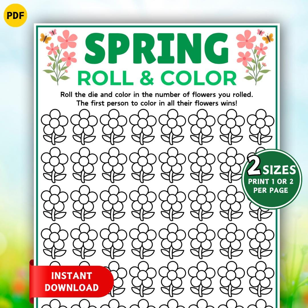 Printable Spring Roll and Color Game, Spring Party Game, Flower Dice ...