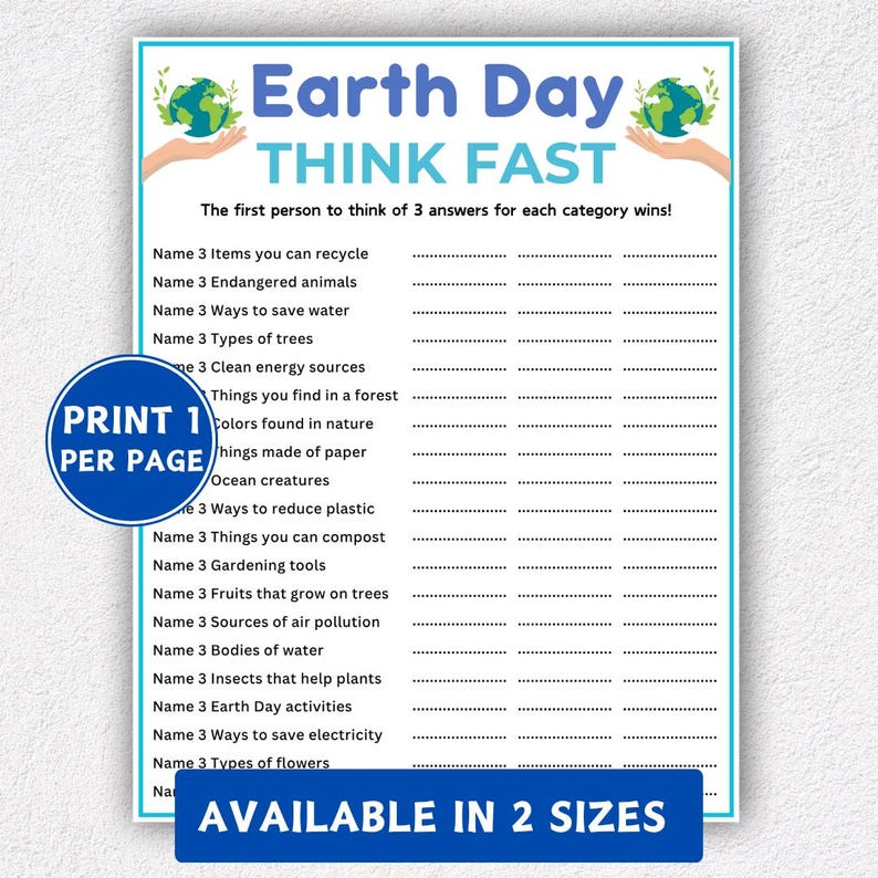 Earth Day Think Fast Game! Printable Earth Day Games, Think Quick ...