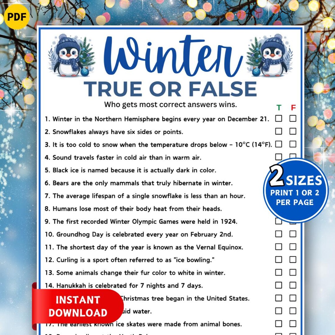 Winter True or False Game, Printable Winter Game, Winter Trivia Quiz ...
