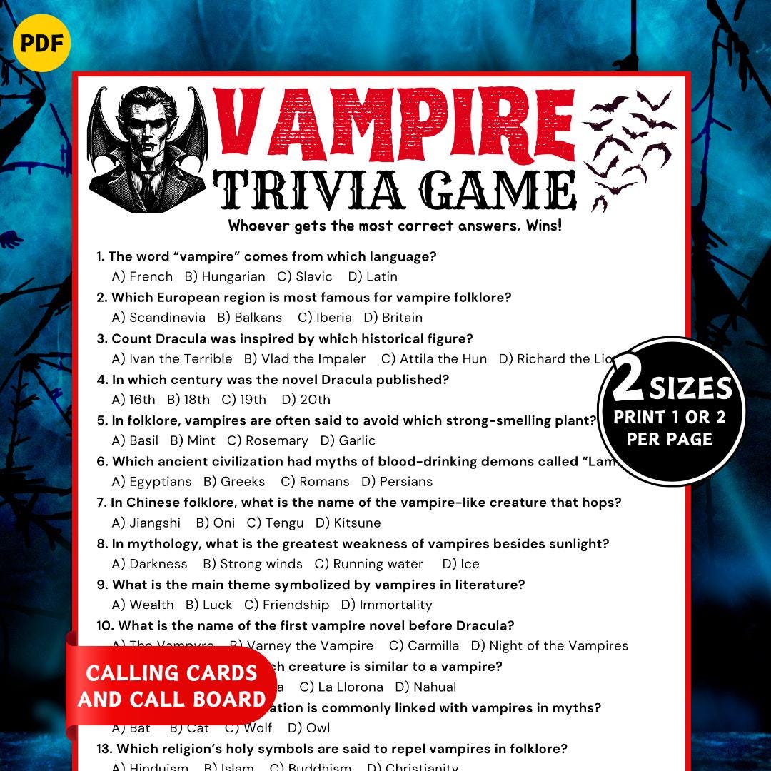 Vampire Trivia Game, Vampire Quiz, Halloween Trivia Game, Spooky Game ...
