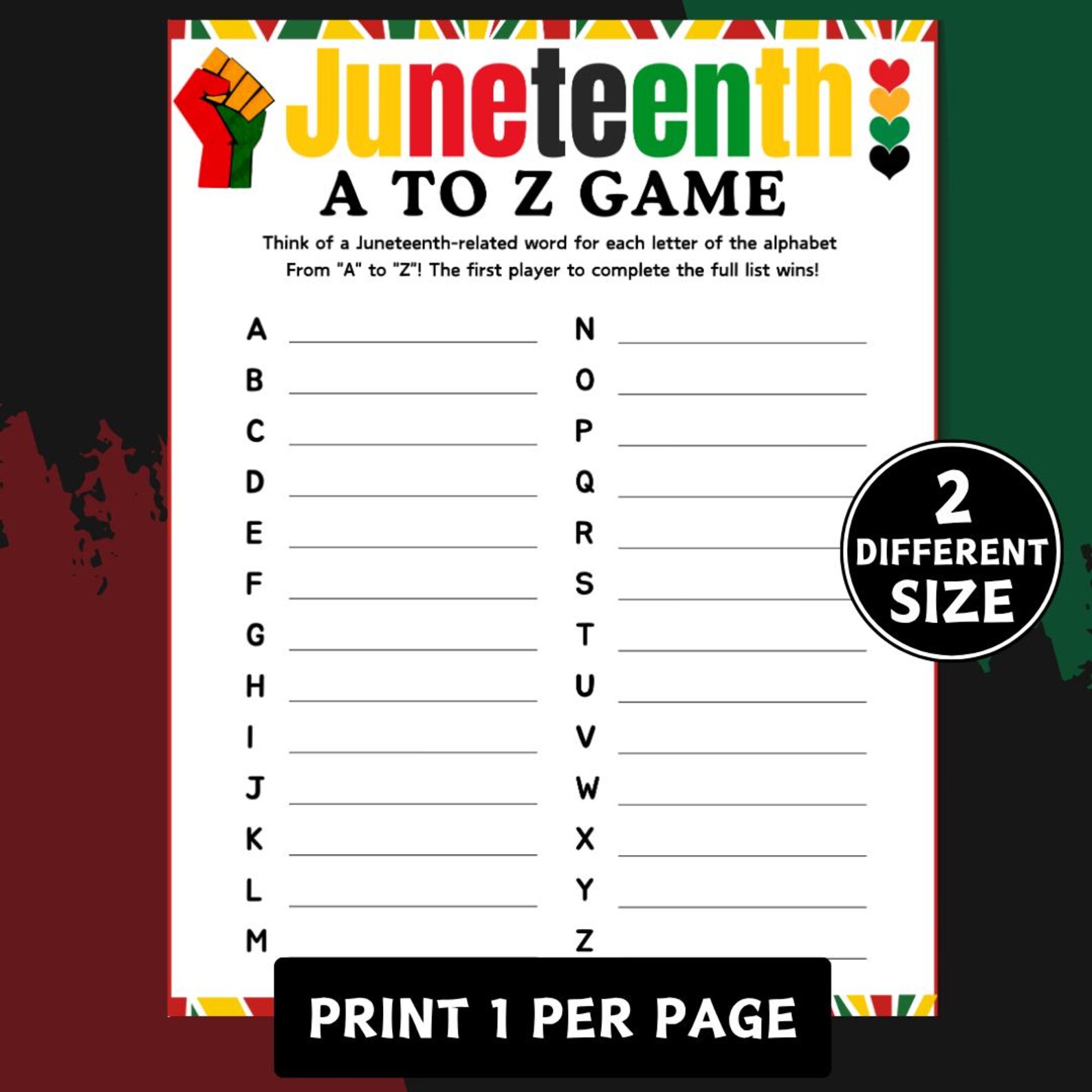Printable Juneteenth A to Z Game, A-Z Race Game, Juneteenth Games, Fun ...