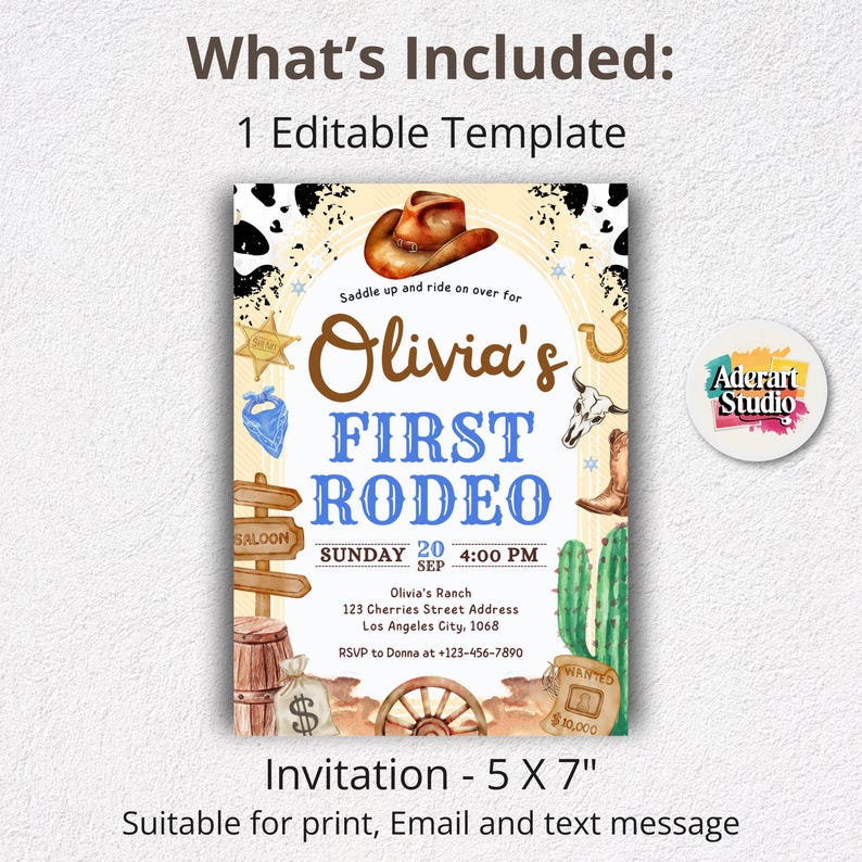 Editable First Rodeo Birthday Invitation Template, Printable Cowboy ...