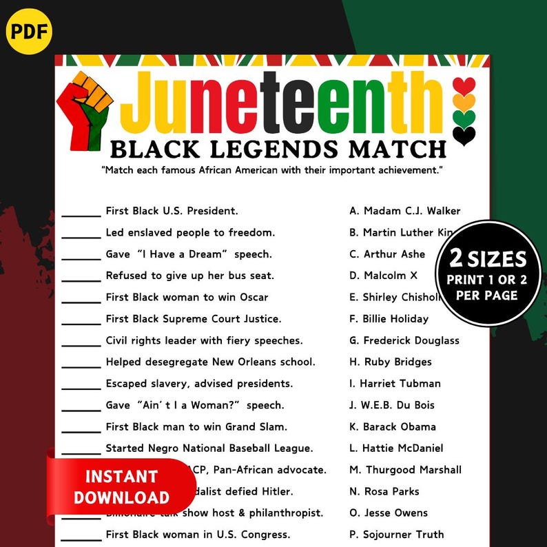 Juneteenth Black Legends Match Game, Printable Juneteenth Black History ...