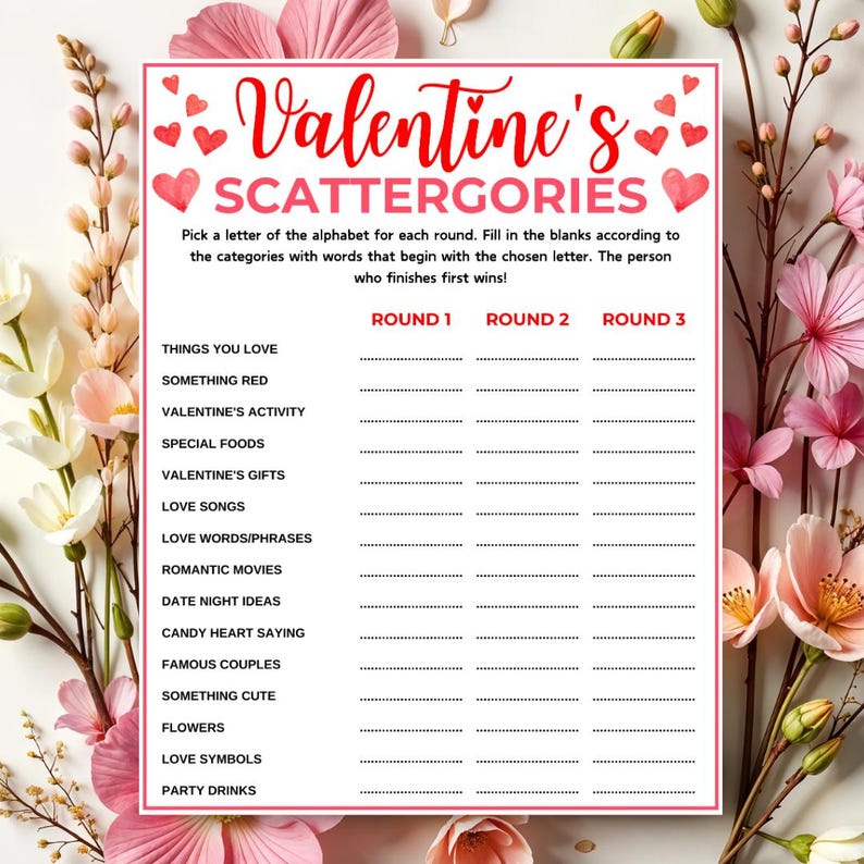 Valentine's Day Scattergories Game, Printable Valentine Game ...