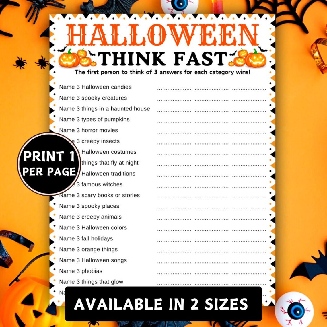 Halloween Think Fast Game! Printable Halloween Game, Think Quick Trivia ...
