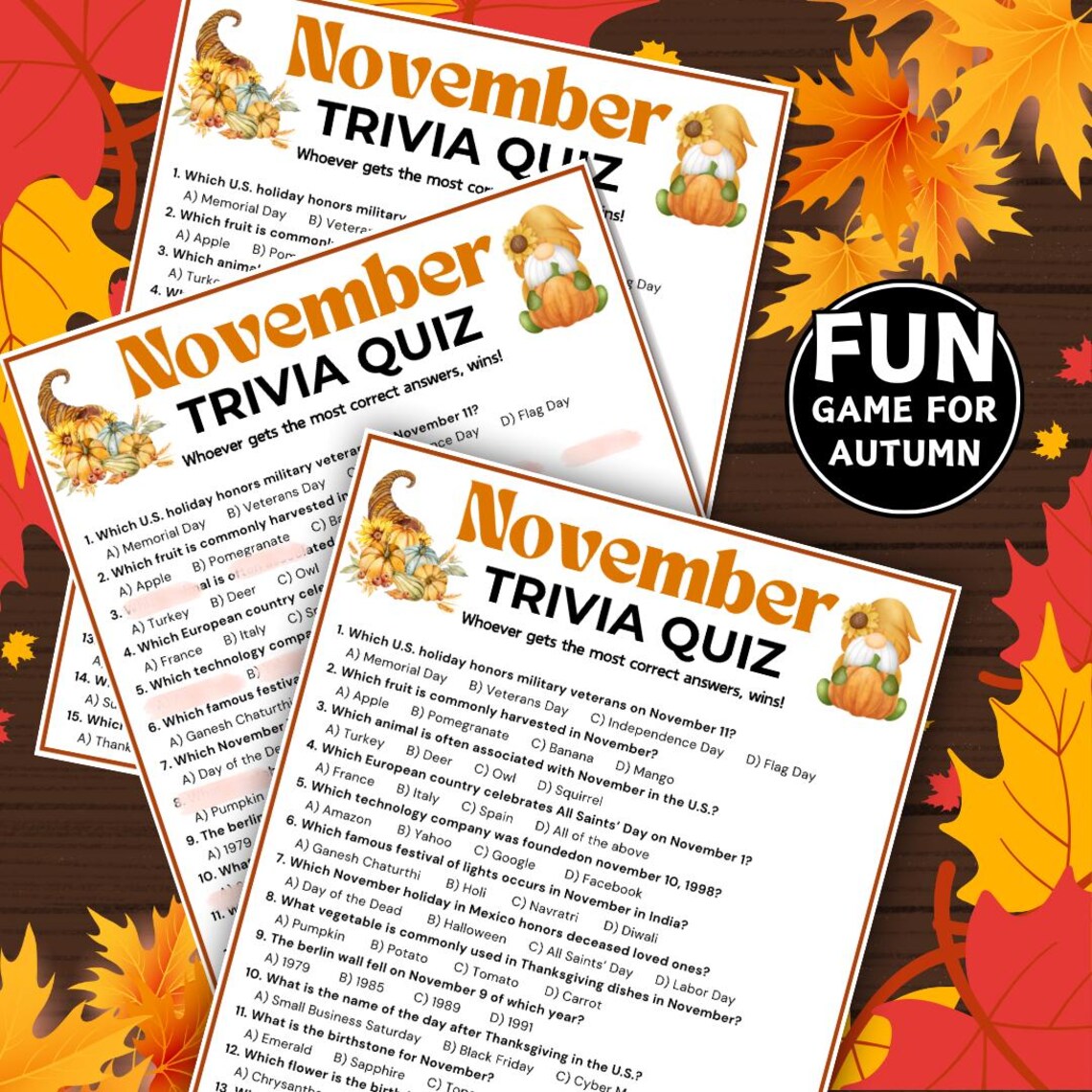 November Trivia Game, Month Trivia Game, Autumn Trivia Quiz, Fall Party ...