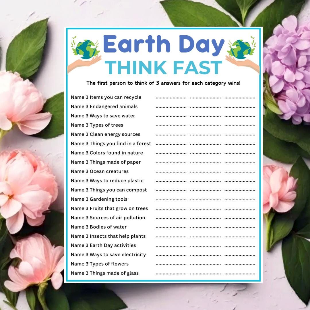 Earth Day Think Fast Game! Printable Earth Day Games, Think Quick ...