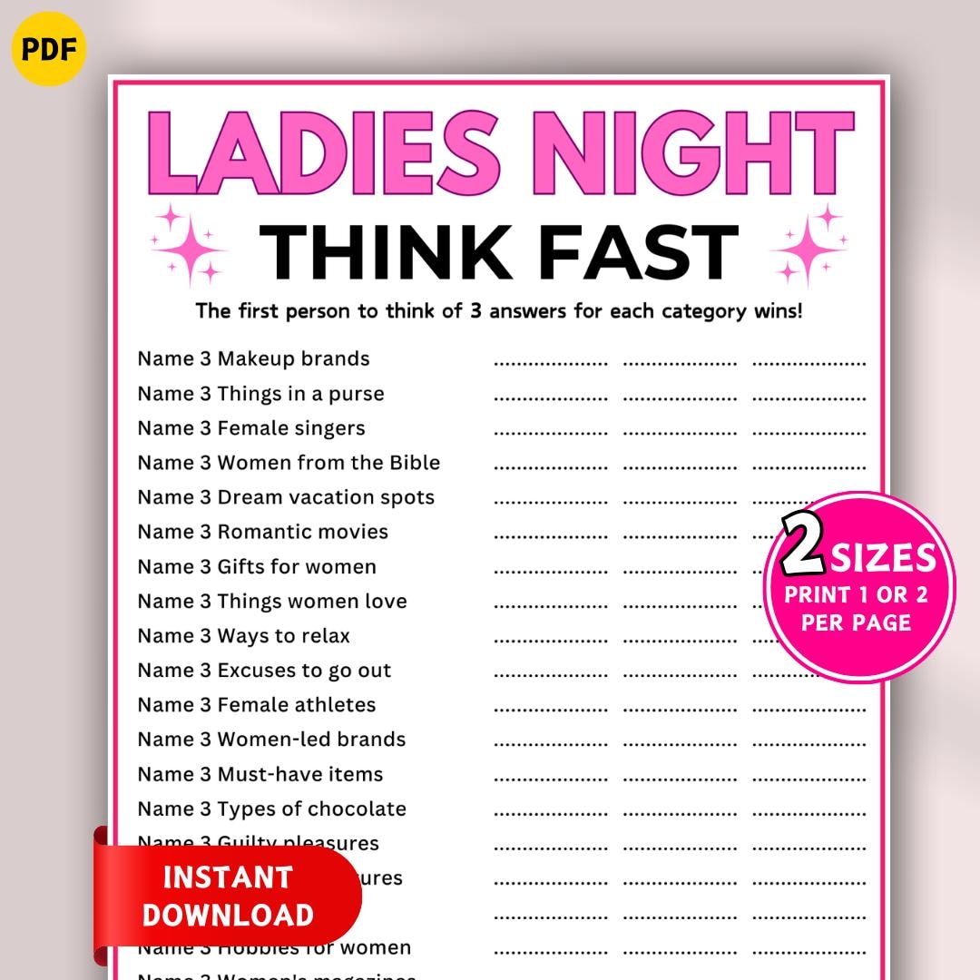Ladies Night Think Fast Game! Printable Ladies Night Activity, Think ...