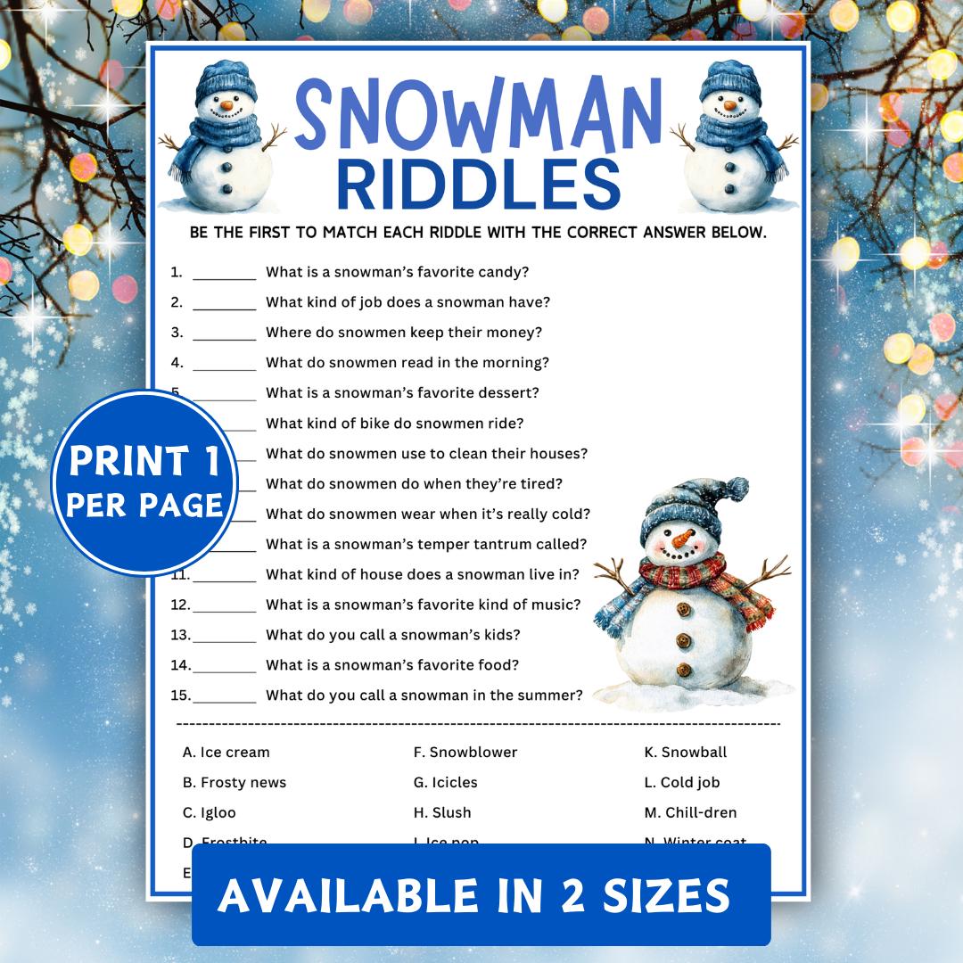 Snowman Riddles Game, Riddle Me This, Printable Winter Activities ...