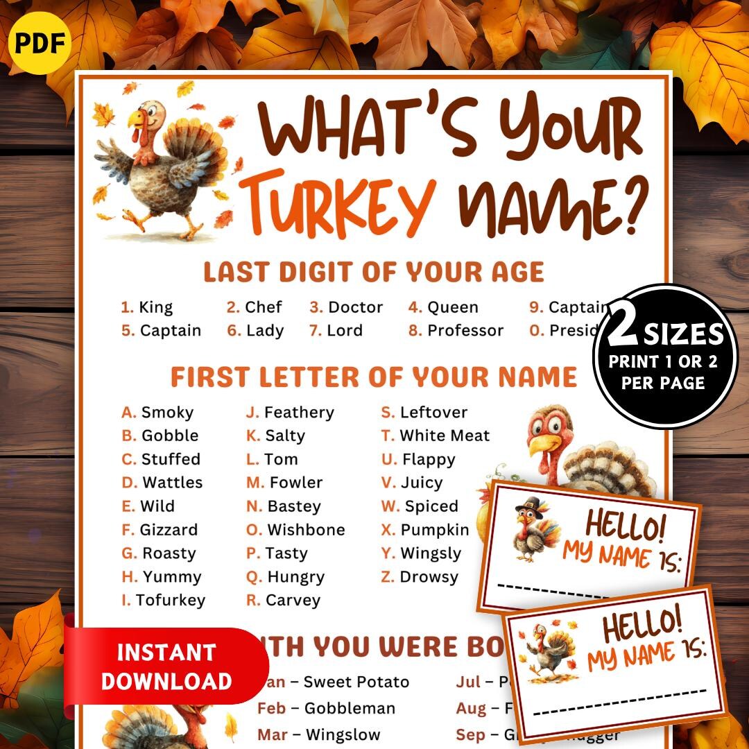 What's Your Turkey Name Game With Nametags, Printable Thanksgiving Game ...