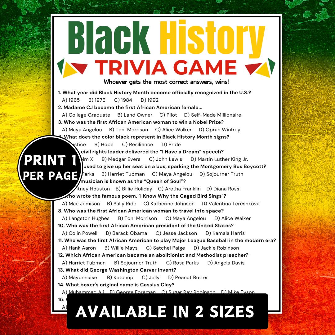 Black History Trivia Game, Printable Black History Games, Black History ...