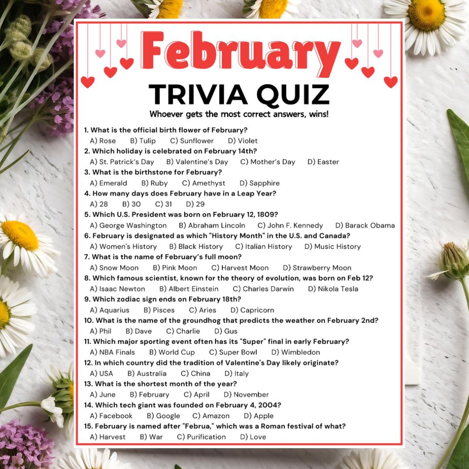 February Trivia Game, Valentines Day Trivia Quiz, Winter Season Games ...