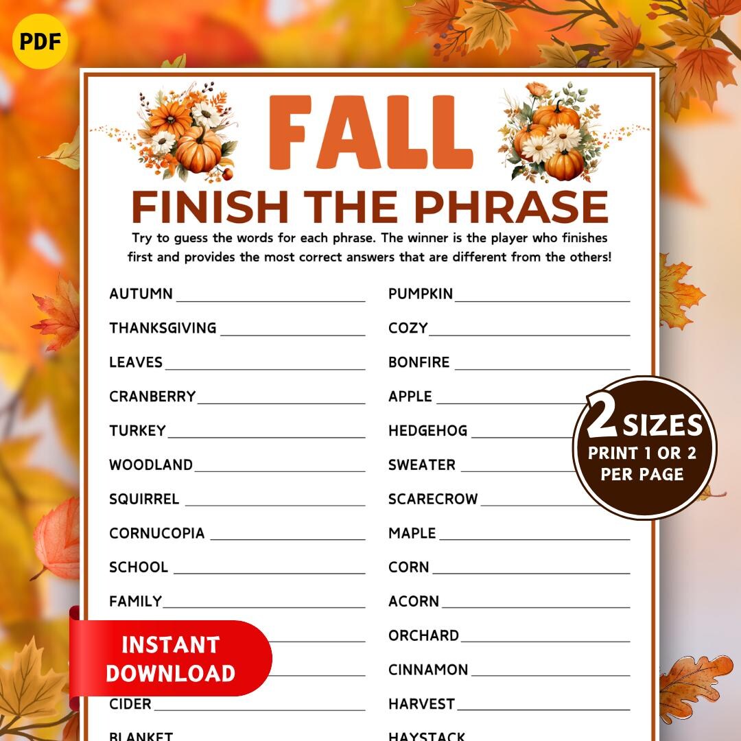 Fall Finish the Phrase Game, Finish My Phrase, Printable Autumn Game ...